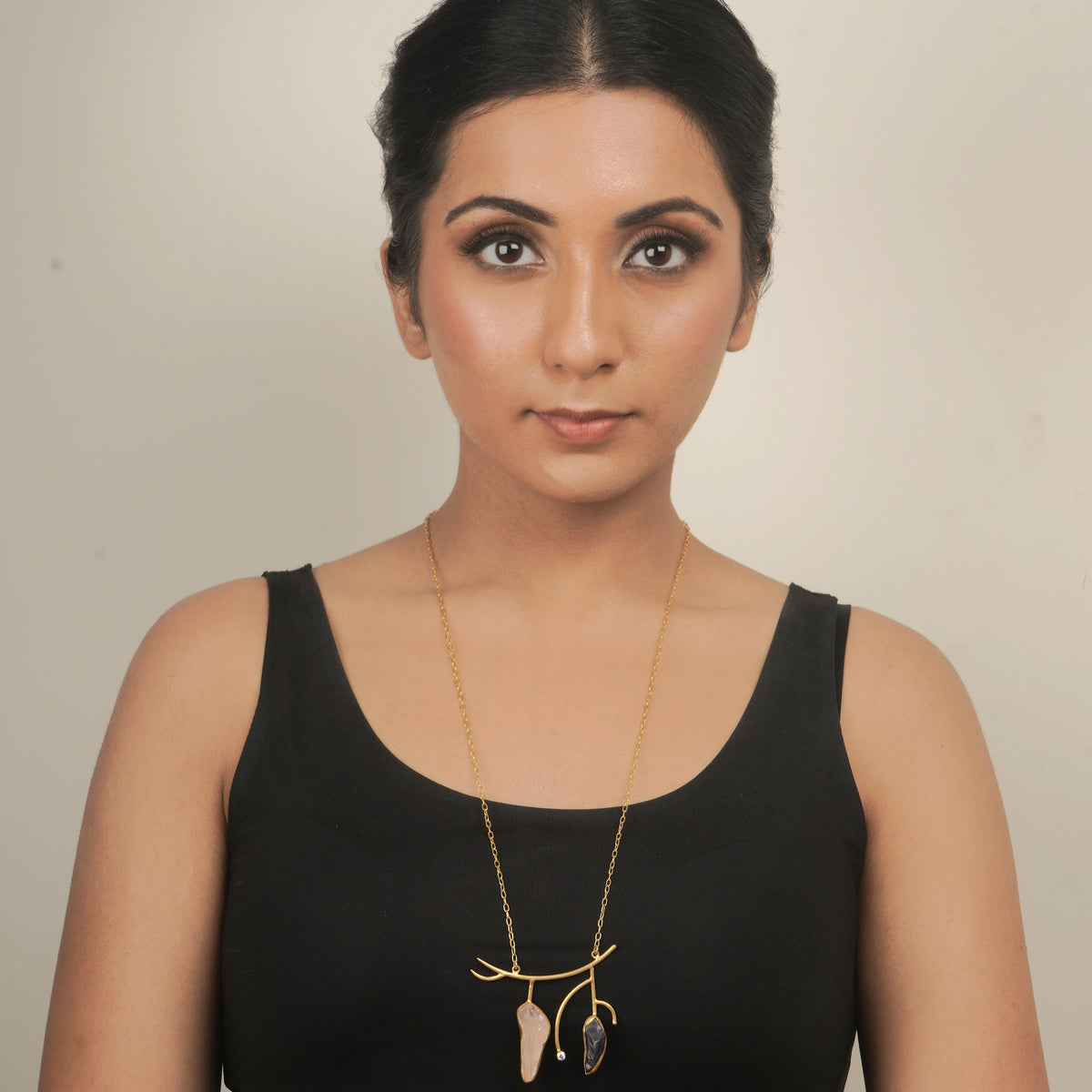 Stone Age Necklace - Brass with 18K Gold Finish, Amethyst and Rose Qua ...